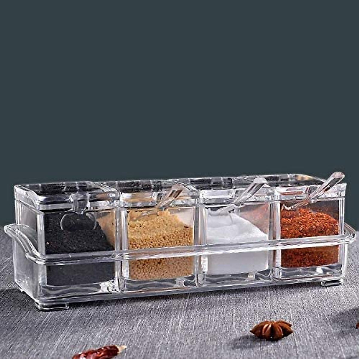 Clear Seasoning Rack Spice Pots by AIQI - 4 Piece Acrylic Seasoning Box - Storage Container Condiment Jars - Cruet with Cover and Spoon