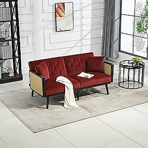 Velvet 2 in 1 Futon Sofa Bed,61" Adjustable Couch Sleeper,Modern Upholstered Loveseat with 2 Pillows,Convertible Folding Fabric Small Love Seat for Living Room Apartment Small Space (Red)