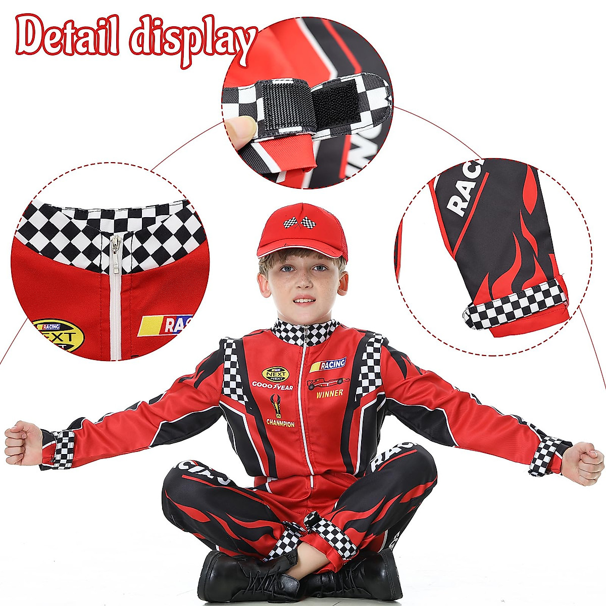Treyrea Race Car Driver Costume Boys Racer Jumpsuit With Car Cap Kids Dress Up for Halloween (Red and Black, L(for height 54"-57"))