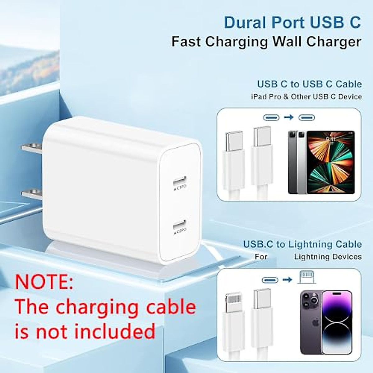 USB C Fast Charger Block,USB C Charging Block 2-Pack USB C 2in1 Dual Ports Plug Wall Charger, Fast Type C Charger for iPhone 15/15 Pro/15 Pro Max/15 Plus/14/13/12/11/Xs Max/XR/X,iPad