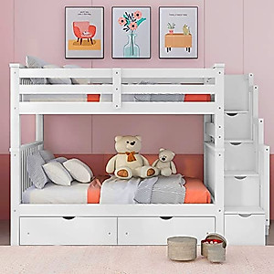 Harper & Bright Designs Full Over Full Bunk Beds with Storage Drawers and Stairway, Wood Bunk Bed Frame, Convertible Bunk Bed for Kids, Teens, Bedroom, Guest Room Furniture (White)