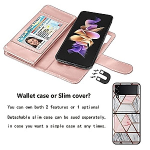 NJJEX Galaxy Z Flip 4 5G Case, for Samsung Galaxy Z Flip 4 5G Wallet Case, [9 Card Slots] PU Leather ID Credit Holder Folio Flip [Detachable] Kickstand Magnetic Phone Cover & Lanyard [Marble Pink]