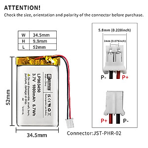 EEMB Lithium Polymer Battery 3.7V 1800mAh 963450 Lipo Rechargeable Battery Pack with Wire JST Connector for Speaker and Wireless Device- Confirm Device & Connector Polarity Before Purchase(1)