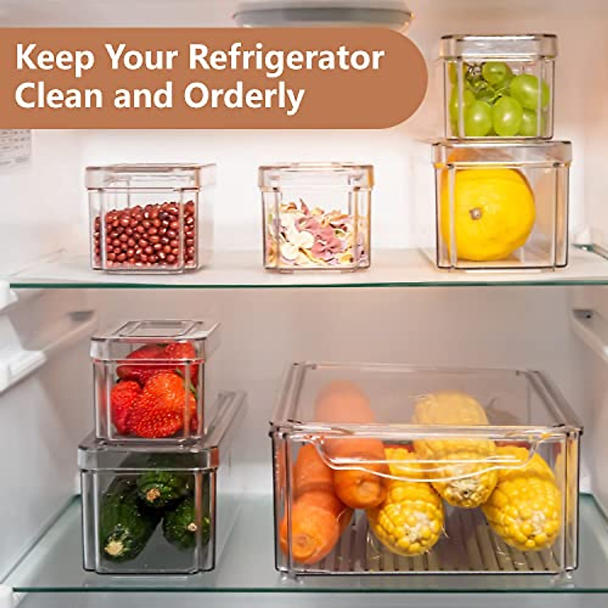 Fridge Organizers and Storage Clear, Fruit Containers for Fridge Stackable Organizers with Lid, Plastic Vegetable Refrigerator Organizer Bins, Freezer, Kitchen Organization and Storage, 7 Pcs/Set
