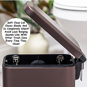 Homie Soft Close, Rectangular Trash Can 5L with Anti - Bag Slip Liner and Lid, Use as Mini Garbage Basket, Slim Dust Bin, or Decor in Bathroom, Restroom, Kitchen, or Bedroom (Bronze)