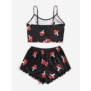 COZYEASE Women's 2 Piece Pajama Set Cartoon Print Lettuce Trim Cami Top and Shorts Cute Sleepwear Black M