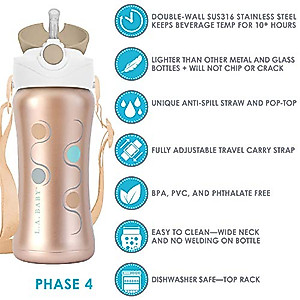 L.A. Baby Ultimate Stainless Steel Insulated Straw Sippy Cup | 9oz Toddler Water Bottle with Straw | Insulates 10+ Hours | Medical Grade Stainless Steel | Spill-Proof Design - Rose Gold