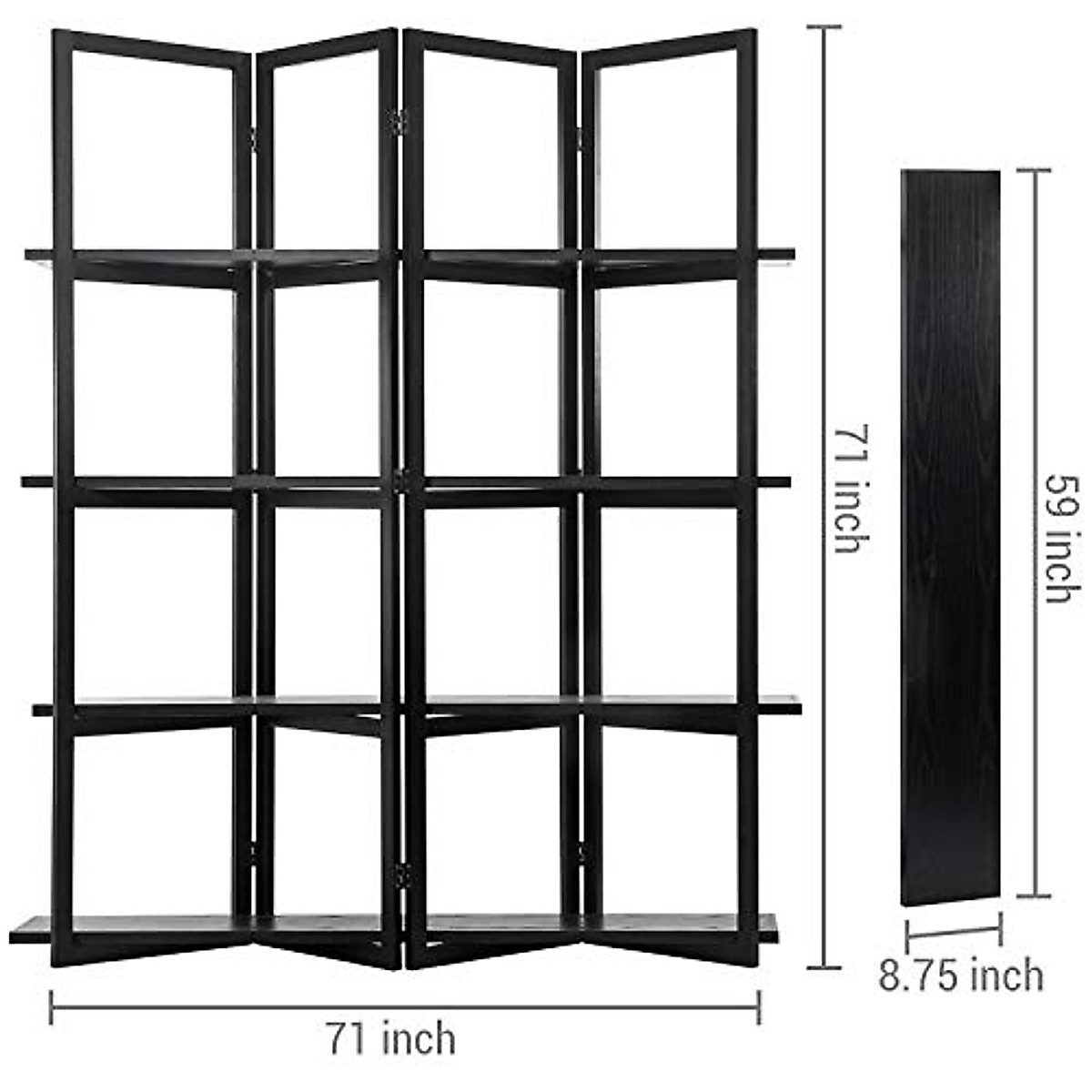 MyGift 4-Panel Open Bookcase Black Wood Room Divider with 4 Shelves