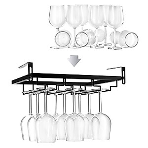 Wine Glass Rack Under Cabinet, BUDO 3 Rows Nail Free Wine Glass Holder Under Shelf, Adjustable Stemware Storage Drying Hanger Organizer for Kitchen Cabinet Bar (Black)