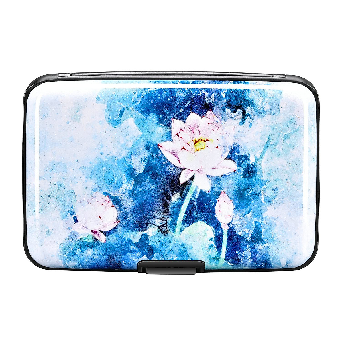 ELFISH Mini RFID Aluminum Wallet Credit Cards Holder Business Card Case Metal ID Case for Men Women (Blue Lotus)