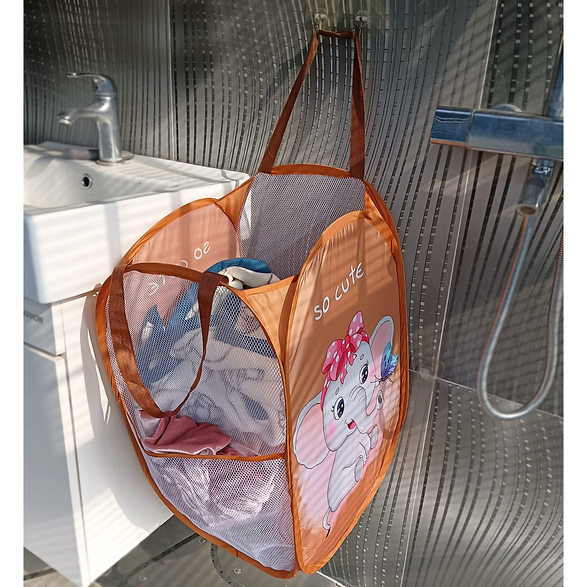 WEI LONG Mesh Popup Hamper-Foldable Lightweight Basket for Washing-Durable Clothing Storage for Kids Room,Students College Dorm,Home,Travel & Camping-Pop-up Clothes Hamper (Peacock Blue Dolphin)