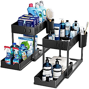 Puricon 2 Pack Under Sink Organizers and Storage Pull Out Sliding Drawer, 2 Tier Multi-purpose Kitchen Under the Sink Organizer Under Bathroom Sink Shelf Storage Rack for Countertop Laundry -Black