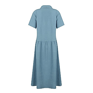 Summer Short Sleeve Sundress Lady Elegant Birthday Midi Baggy Denim Solid Button Lightweight V Neck Dress Women's Blue