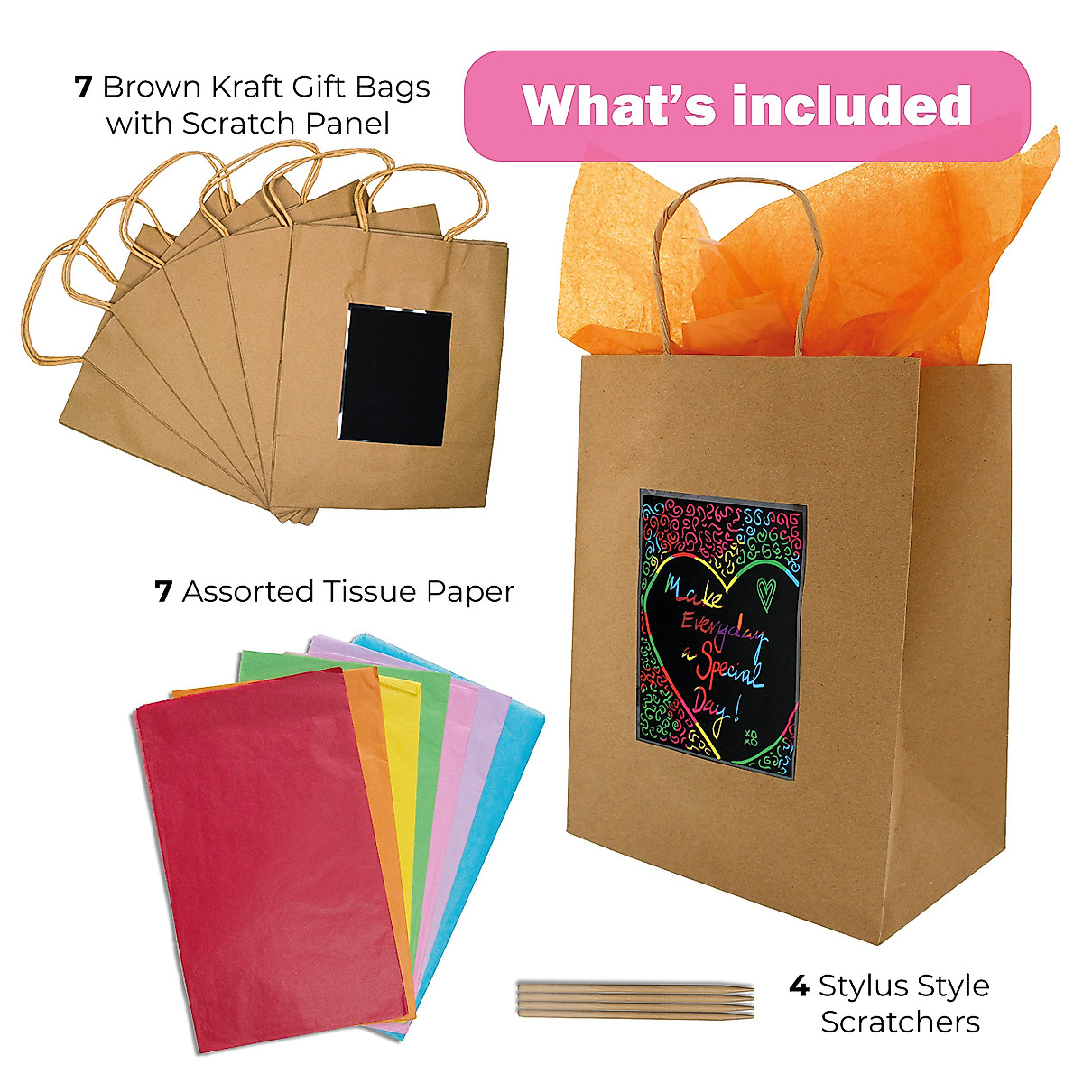 PURPLE LADYBUG 7 Brown Fathers Day Gift Bags Medium Size with Handles - Personalized Teacher Appreciation Gift Bags and Tissue Paper Set - Sight Smell Touch Taste Sound Gift Bags, Thank You Gift Bags