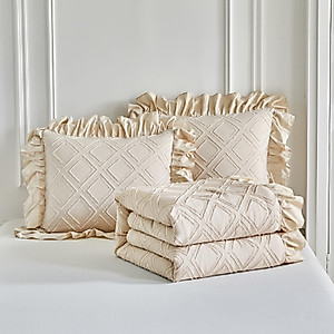 Tufted Ruffle Comforter Set Twin Size, 3 Pieces Beige Ruffled Farmhouse Comforters, Luxury Solid Color Soft and Embroidery Shabby Chic Boho Bohemian Bedding Set for Kids(1 Comforter + 2 Pillowcases)