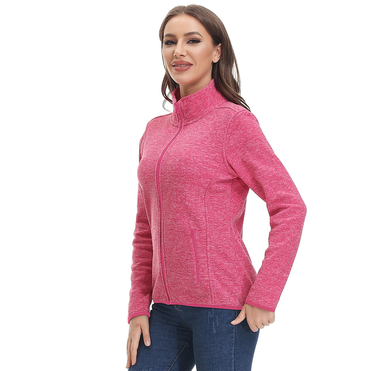 COZZIPLUS Women Zip Up Sweater Jacket with Fleece Interior, Warm Knitted Fleece Jacket with Pockets (Rose Fuchsia Melange, X-Large)