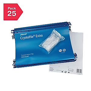 Rexel Foolscap Heavy Duty Suspension Files with Tabs and Inserts for Filing Cabinets, 15 mm Base, Polypropylene, Blue, Crystalfile Extra, Pack of 25, 70630