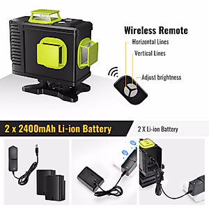 16 Lines Laser Level Self Leveling 4x360 4D Green Cross Line Laser Level with 2 Rechargeable Batteries & Magnetic Lifting Base for Picture Hanging Construction Wall Writing Tile Installation