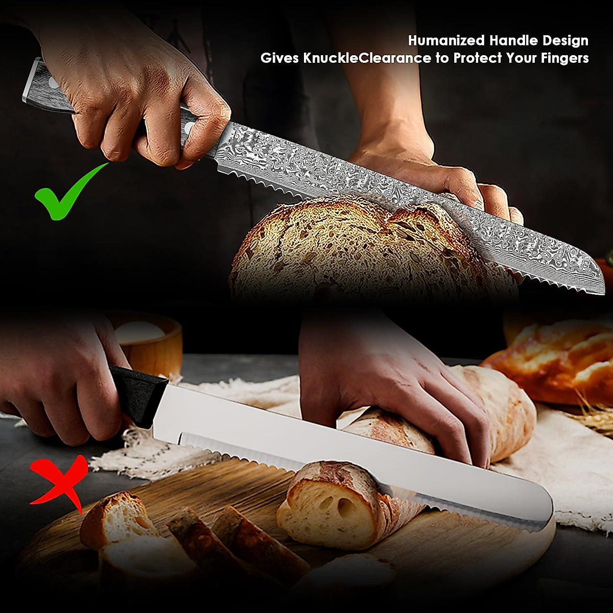 Bread Knife, 10inch Multifunction Serrated Knife, VG10 Damascus Steel Bread Cutting Knife for Homemade Bread, Razor Sharp Edge for Efficient Slicing Sourdough Bread, Bagels, Cake