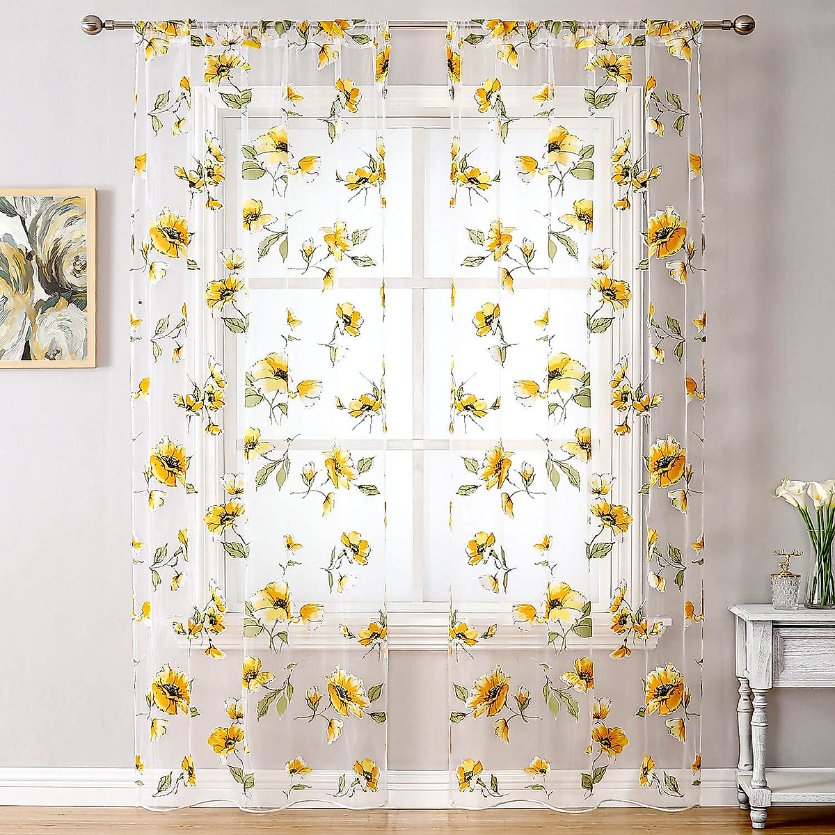 BROSHAN Sheer Curtains Yellow Flowers 1 Set of 2 Panels, Spring Beautiful Flower Voile Tulle Sheer Print Curtain Panels for Bedroom Living Room Window Treatments