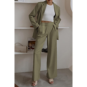 PRETTYGARDEN Women's 2024 Fall Two Piece Outfits Blazer Jacket and Wide Leg Pants Pockets Business Casual Suit Sets (Army Green,Large)