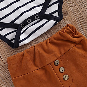 2Pcs/Set Newborn Baby Boys Outfit Long Sleeve Striped Bodysuit Romper Solid Pants Fall Winter Clothes (Khaki, 0-3 Months)
