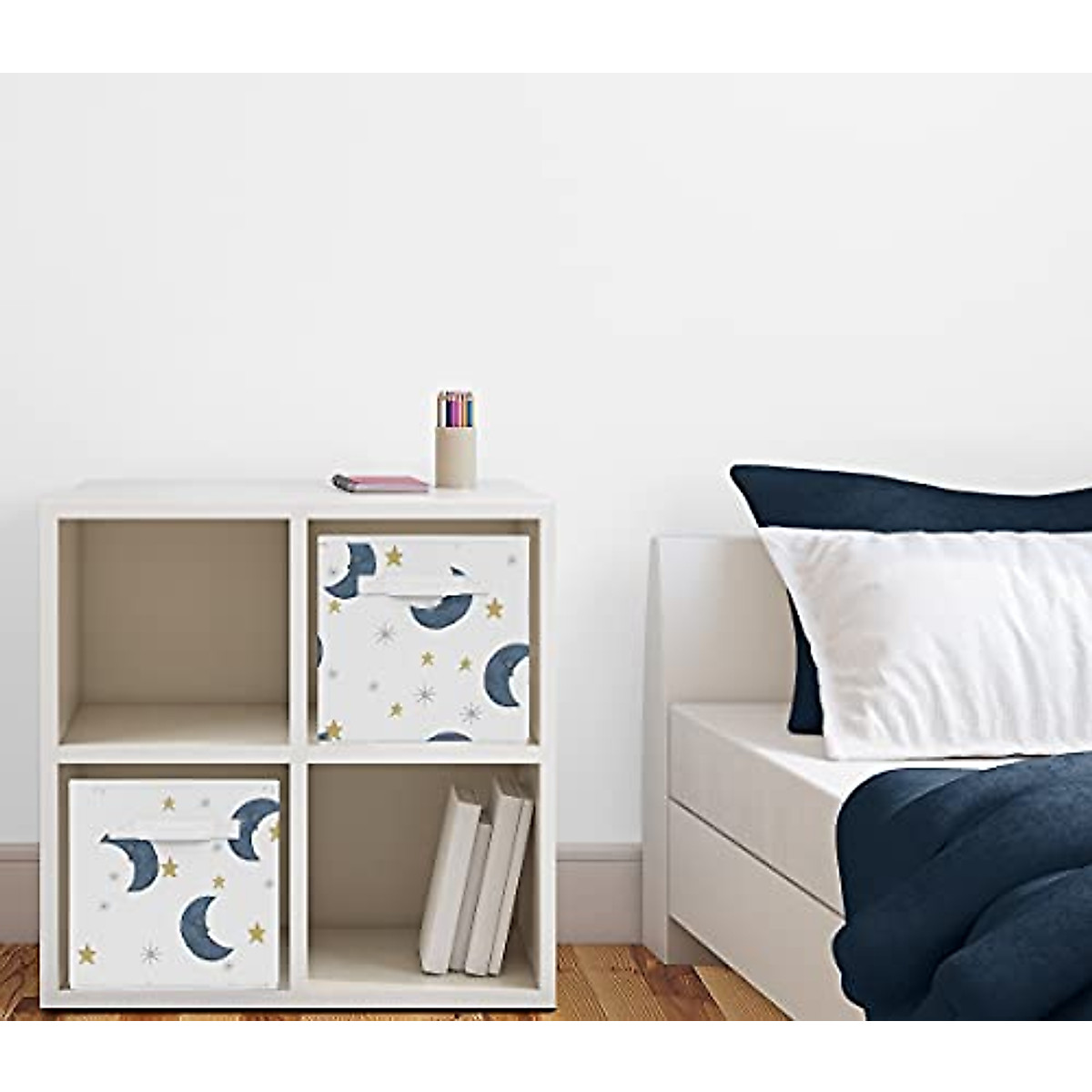 Sweet Jojo Designs Moon and Star Foldable Fabric Storage Cube Bins Boxes Organizer Toys Kids Baby Children's - Set of 2 - Navy Blue and Gold Watercolor Celestial Sky Gender Neutral Outer Space Galaxy