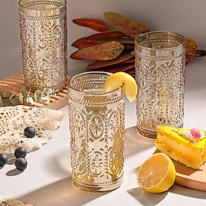 6 Pack Highball Beverage Glass Cup, 12oz Amber Glassware Drinking, Vintage Embossed Drinking Glasses, Old Fashioned Glass for Party Wedding Home Office and Gift