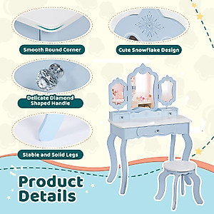 BRINJOY Kids Vanity Set, 2-in-1 Wooden Makeup Table & Stool w/Detachable Tri-fold Mirror, Pretend Play Princess Dressing Table w/Drawer&Accessories, Children Beauty Vanity Set for Girls 3+, Blue