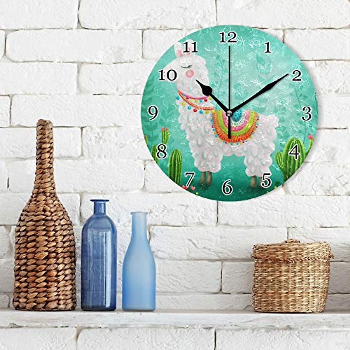 Wall Clock Cute Cartoon Alpaca Cactus Tropical, Quiet Silent Non Ticking Round Clock for Kitchen Bedroom Living Room Office Classroom Home Decor