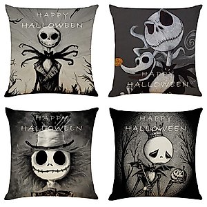 Ogrmar 4PCS 18"x18" Throw Pillow Covers Halloween Decorative Couch Pillow Cases Cotton Linen Pillow Square Cushion Cover for Sofa, Couch, Bed and Car
