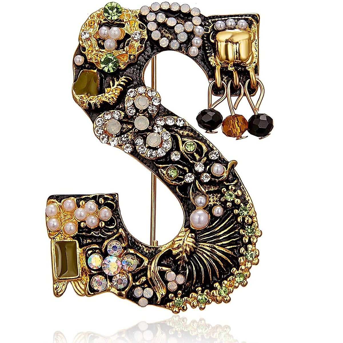 Pearl Initial Letter Brooch Pin, Crystal Rhinestone Gold Plated Alphabet Brooches for Women Girls, Pearl Lapel Pin for Bag Clothes Costume Jewelry - S