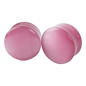 Mystic Metals Body Jewelry Pair of Convex Pink Cat Eye Stone Double Flare Plugs (STN-693) (7/8" (22mm))