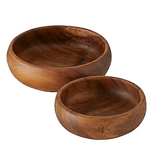WHW Whole House Worlds Farmers Artisinal Acacia Wood Bowls, Set of 2, Hand Carved, Natural, Food Safe, Rustic Round Design, Rounded Edges, 4.75 and 4 Inches in Diameter