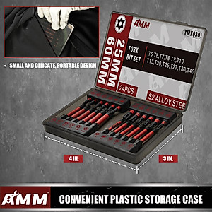 AMM 24-Piece Torx Bit Set, Security Star Bit Set, Tamper Resistant Star Bits Set, S2 Alloy Steel, 1" and 2.3" Long Impact Bits with Storage Box（T5-T40 ）