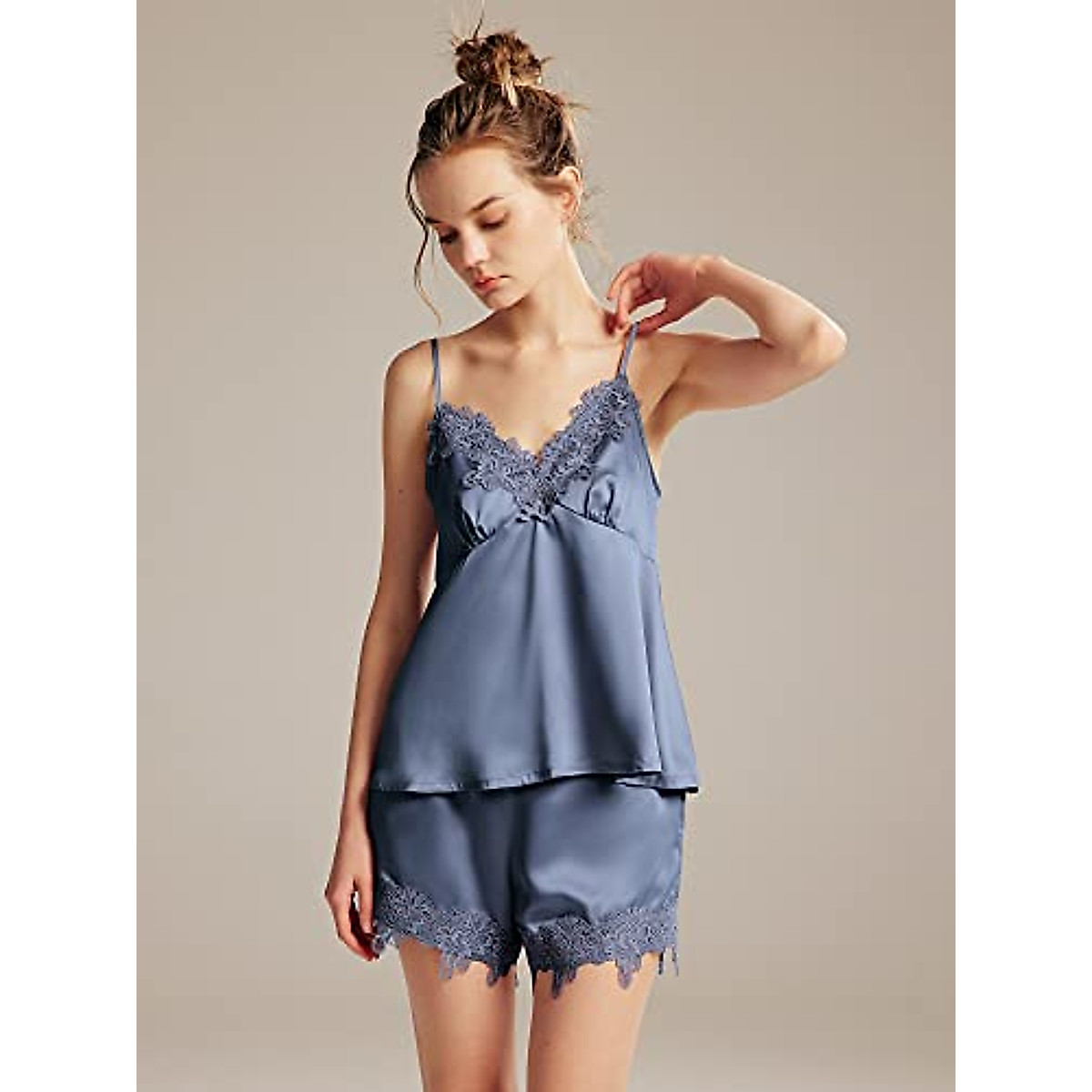 AW BRIDAL Womens Pjs Sets Silk Bride Bridesmaid Pajamas Lace Satin Short Pajama Set for Women Sexy Lingerie for Wedding Bridal Party, Dusty Blue XL