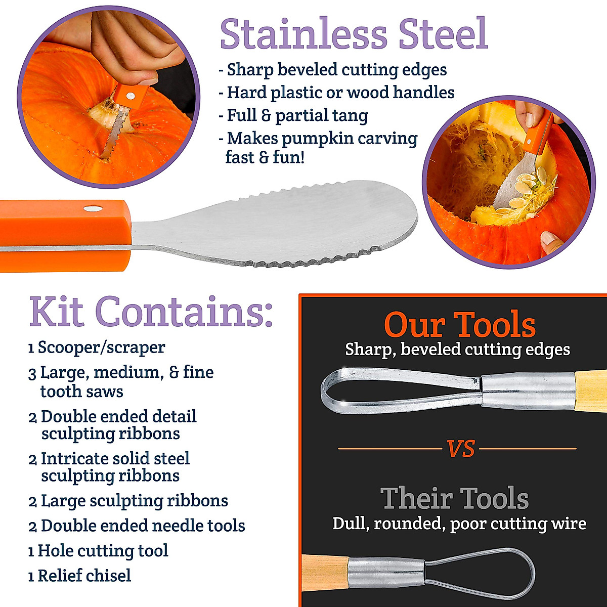 Halloween Haunters Ultimate 14 Piece Professional Pumpkin Carving Tool Kit - Easily Carve Sculpt Halloween Jack-O-Lanterns - 18 Cuts, Scoops, Scrapers, Saws, Loops