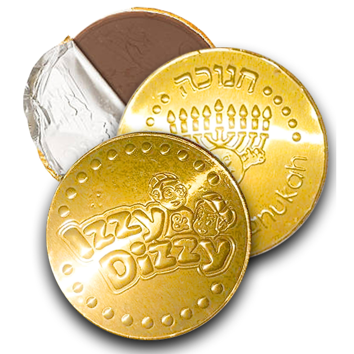 Izzy 'n' Dizzy Hanukkah Gelt Coins Chocolate, Kosher Milk Chocolate Coins Nut Free (Dairy), Filled with Menorah Embossed Hanukkah Gelt Coins (12 Mesh Bags)
