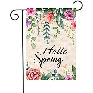WODISON Hello Spring Garden Flag Floral Small Vertical Banner Double Sided Burlap 12×18 Inch Seasonal Outside Decoration For Outdoor Yard Farmhouse (ONLY FLAG)