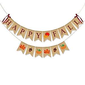 JOZON Happy Fall Burlap Banner Happy Fall Bunting Banner Garland with Pumpkins Maple Leaves Acorn Sign for Autumn Party Decorations Thanksgiving Fall Harvest Decor for Mantle Fireplace Wall