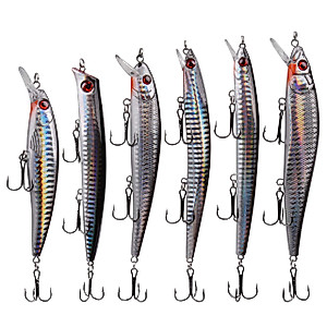 Saltwater Fishing Lures Kit - 6pcs 5in Minnow Plugs Crankbait Popper Jerkbait Hard Baits Surf Fishing Lure Black Silver with Strong Treble Hooks Artificial Baits for Bass Salmon Striper Trout