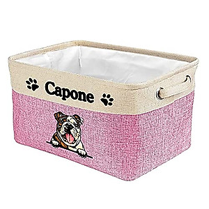 MALIHONG Personalized Foldable Storage Basket with Cute Dog English Bulldog Collapsible Sturdy Fabric Pet Toys Storage Bin Cube with Handles for Organizing Shelf Home Closet, Pink and White