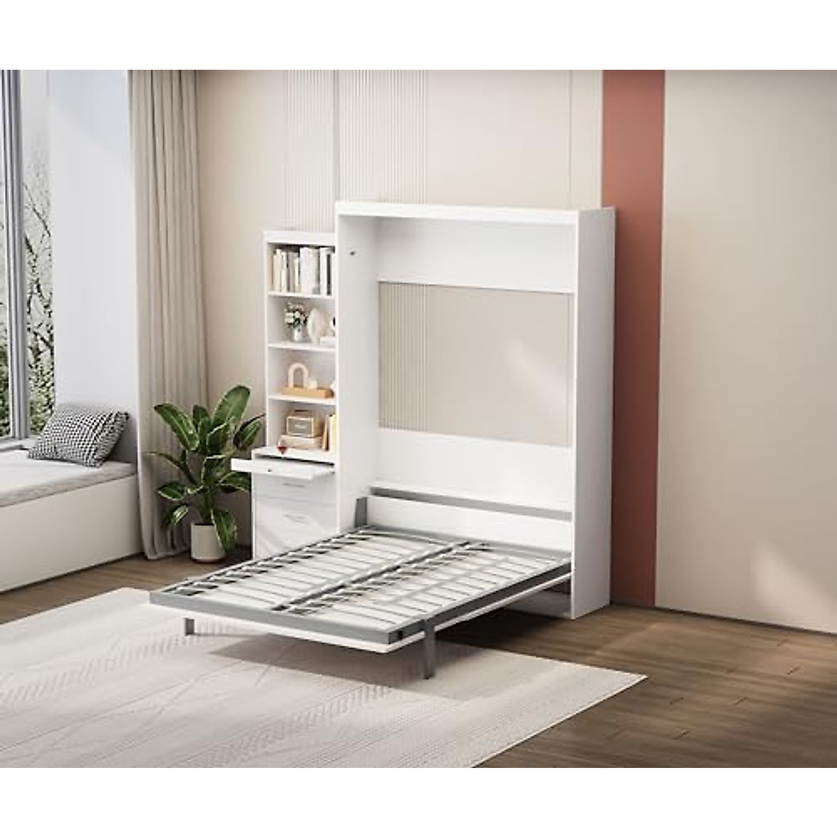 HBRR Full Size Vertical Murphy Chest with Storage Shelf & Drawers, Space-Saving Wall Multipurpose Room, Versatile Cabinet Folding, Hidden Bed Gas Struts, White