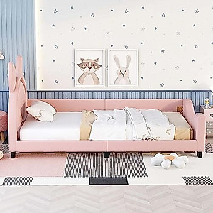 Twin Size Cute Upholstered Daybed PU Leather Sofa Bed with Carton Ears Shaped Headboard & Wooden Platform Bed Frame - with Low Profile Single Design - No Box Spring Needed (Color : Pink-a)
