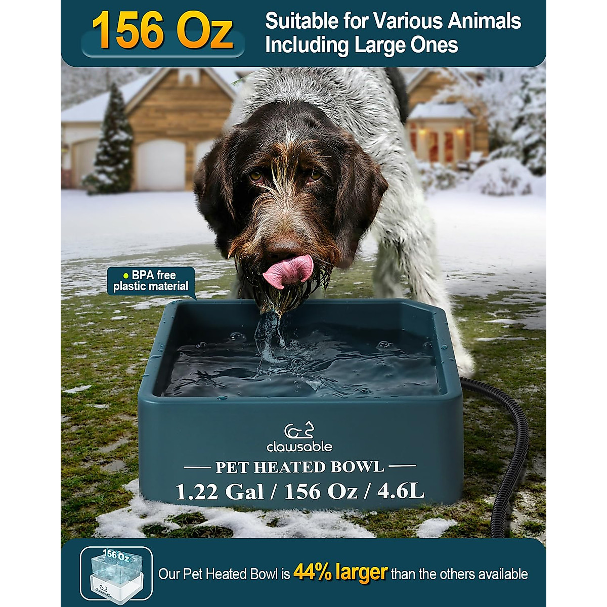 Extra Large Heated Water Bowl for Outdoor Dog & Cat, Outside Heated Dog Bowl Provides Drinkable Water in Winter, Heated Pet Bowl No Freeze Waterer Dish for Rabbit, Chicken, Duck, Squirrel