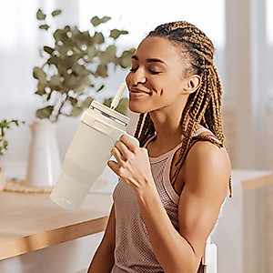 Zukro 50 oz Mug Tumbler with Handle and Screw on Lid, Vacuum Insulated Stainless Steel Tumbler with Straw Lid, Leakproof Straw Cup, Keeps Drinks Cold 30 Hours, Fit in Cup Holder - Beige