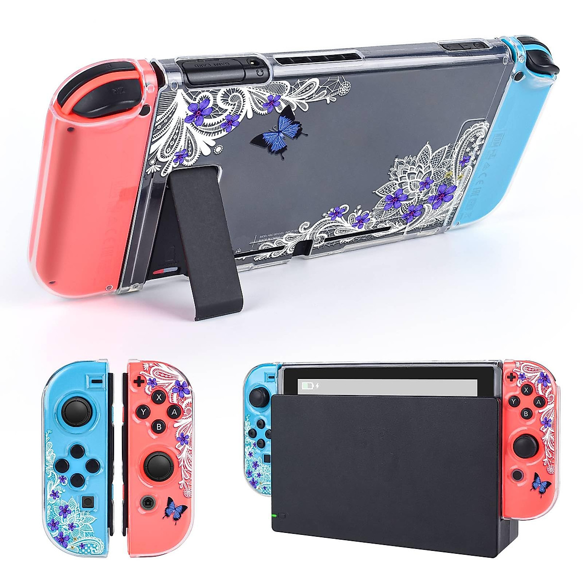 DLseego Purple Butterfly Flower Floral Switch Case 2017 Version Anti-Scratch Dockable Console Clear TPU Shell Romantic Soft Shock-Absorption Joy Con Cover For Regular Switch
