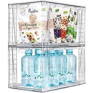 4Pack Large Stackable Kitchen Storage Drawers, Clear Foods Organizer Bins with Handles, Easily Assemble for Bathroom, Kitchen, Pantry, Cabinet, Closet(XL-UP Handle)