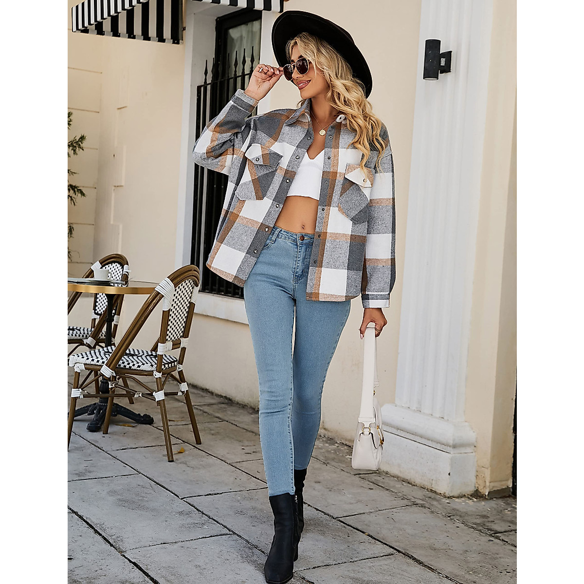 APAFES Women’s Warm Plaid Shirt Soft Sherpa Lined Shacket Casual Snap Fastener Truck Jacket with Pockets(643-GreyKhaki-M)