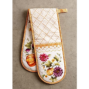 Maison d' Hermine Double Oven Gloves 7"x35", 100% Cotton Heat Resistant Oven Mitt Cooking Gloves with Loop, Handling Hot Pan, Pumpkin Garden - Cloudy Cream-Thanksgiving/Christmas